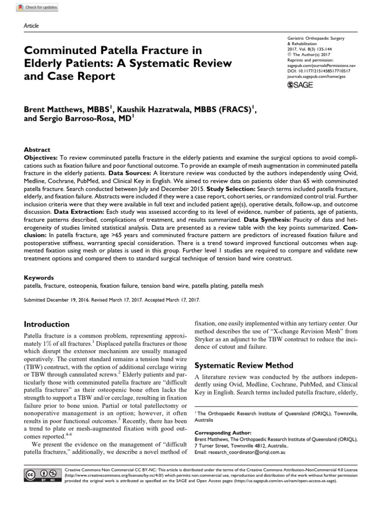 Comminuted Patella Fracture in Elderly Patients - A Systematic Review ...