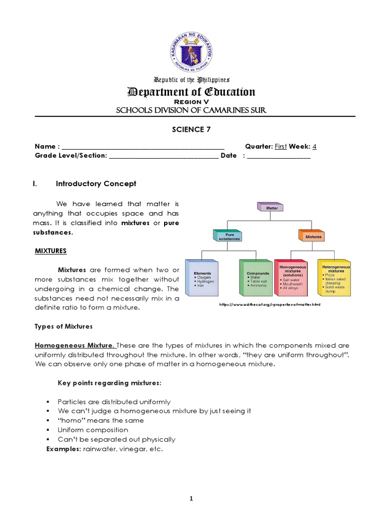 Sci 7 Q1 WK4 Mixtures and Substances Lea Tomas | PDF | Mixture | Chemical Substances