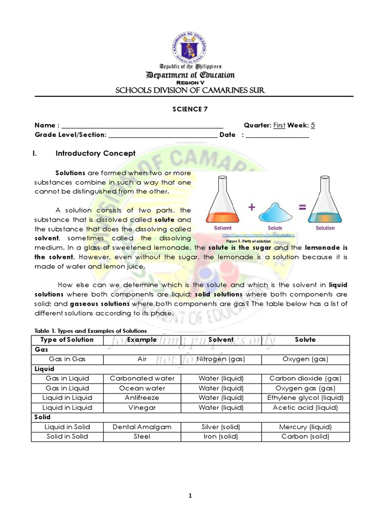 SCI 7 Q1 WK5 Solutions A LEA TOMAS | PDF | Mixture | Water