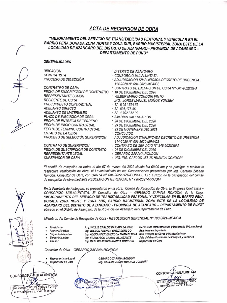 ACTA DE RECEPCIÓN DE OBRA | PDF