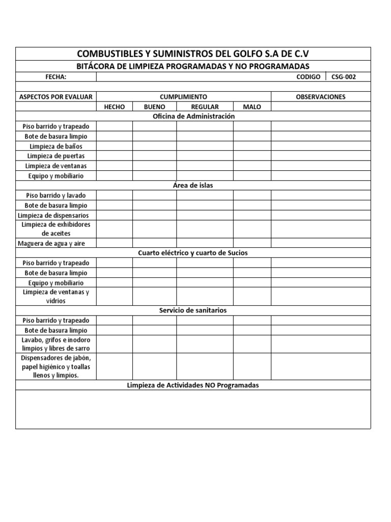 Formato de Bitacora de Limpieza | PDF | Higiene | Inicio