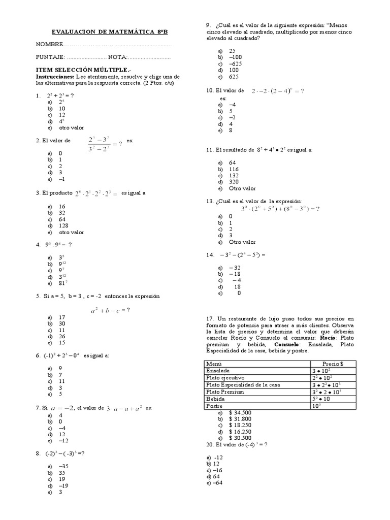 EVALUACION POTENCIAS 8vo BASICO | PDF