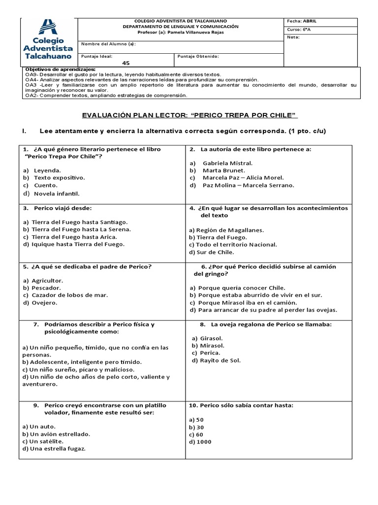Prueba Perico Trepa Por Chile 6° A-B | PDF