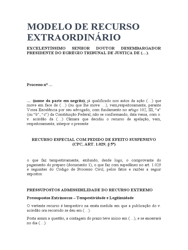 Modelo de Recurso Extraordinário | PDF | Direito Público | Justiça Modelo de Recurso Extraordinário | PDF | Direito Público | Justiça