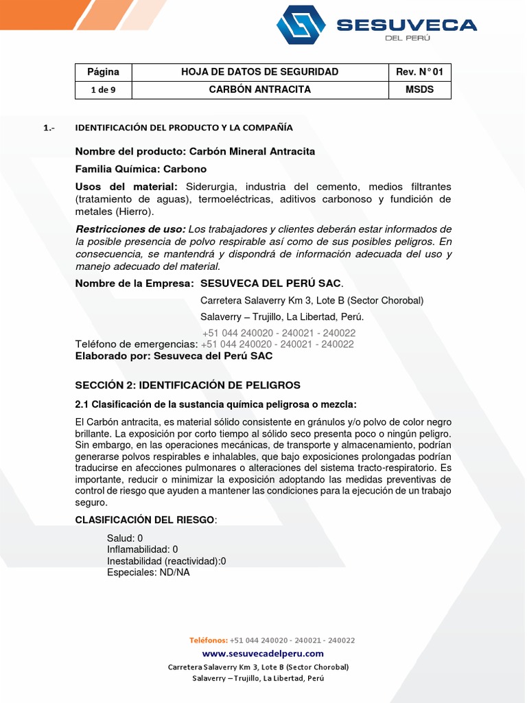 MSDS Sesuveca | PDF | Química | Materiales