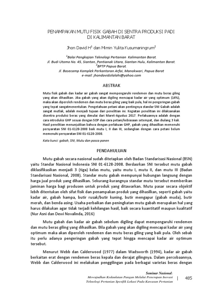 PENAMPAKAN MUTU FISIK GABAH DI SENTRA PRODUKSI PADI DI KALIMANTAN BARAT - Jhon David H Dan Mimin ...