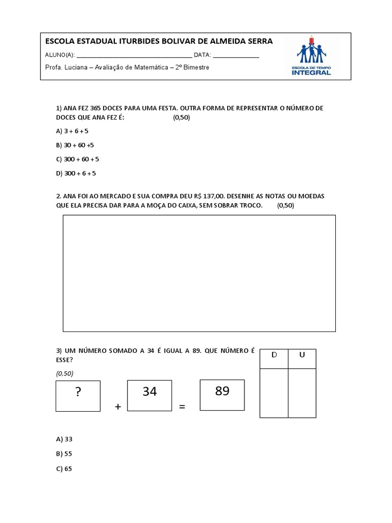 Avaliação De Matemática Do 2o Bimestre Para Alunos Do 2o Ano Do Ensino