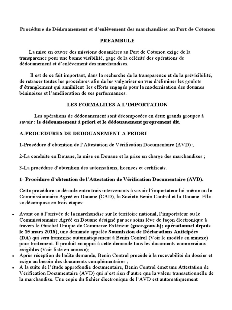 Dédouanement et Enlèvement au Port de Cotonou | PDF