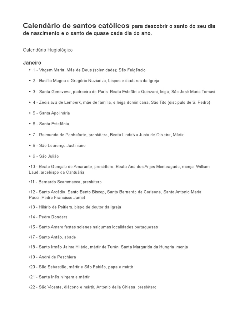 Calendário de Santos Católicos Diário | PDF | Maria, mãe de Jesus | Papa