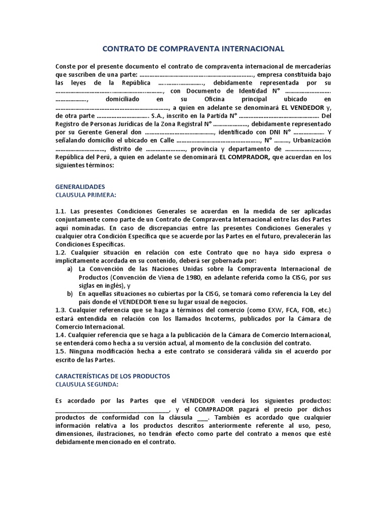Plantilla TALLER CONTRATO DE COMPRAVENTA INTERNACIONAL | PDF | El ...