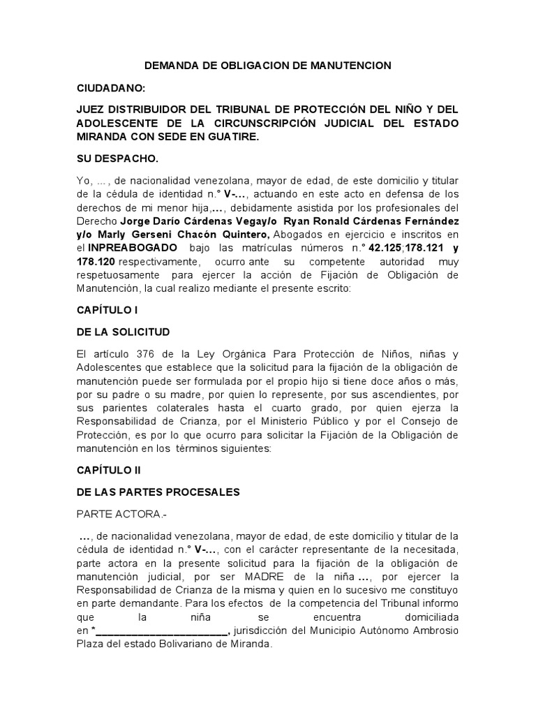 Demanda de Obligacion de Manutencion | PDF | Caso de ley | Demanda judicial