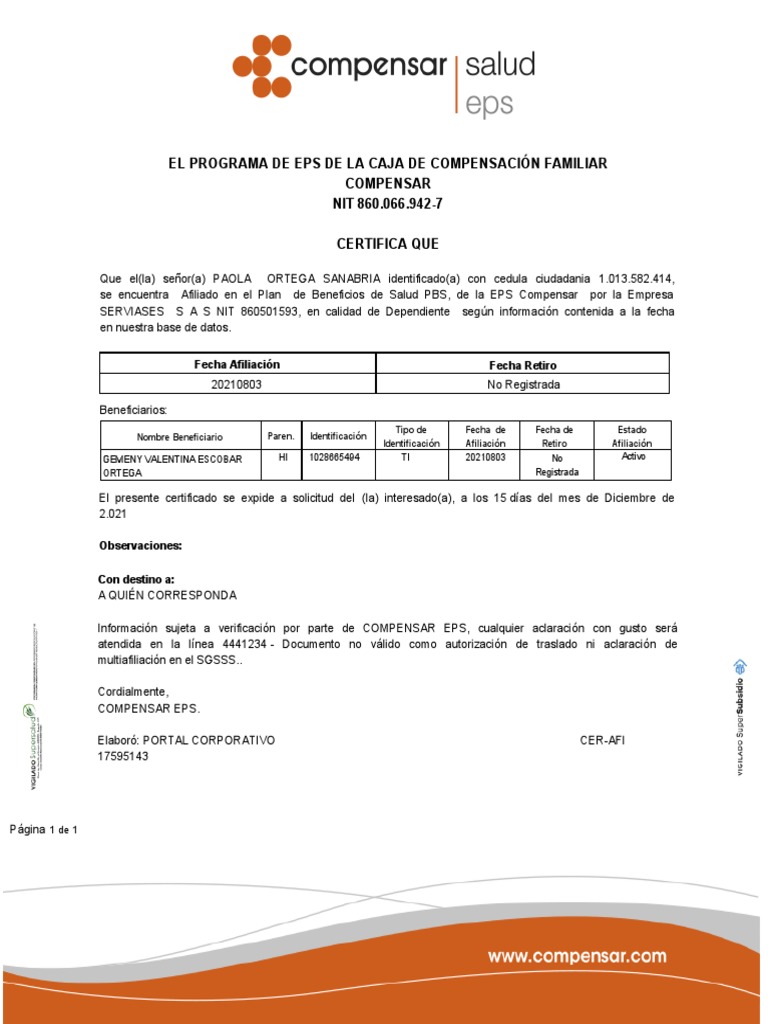 Certificado Compensar | PDF