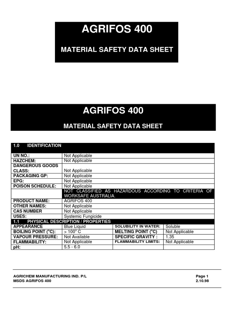 Agri Fos 400 MSDS | PDF | Water | Chemistry