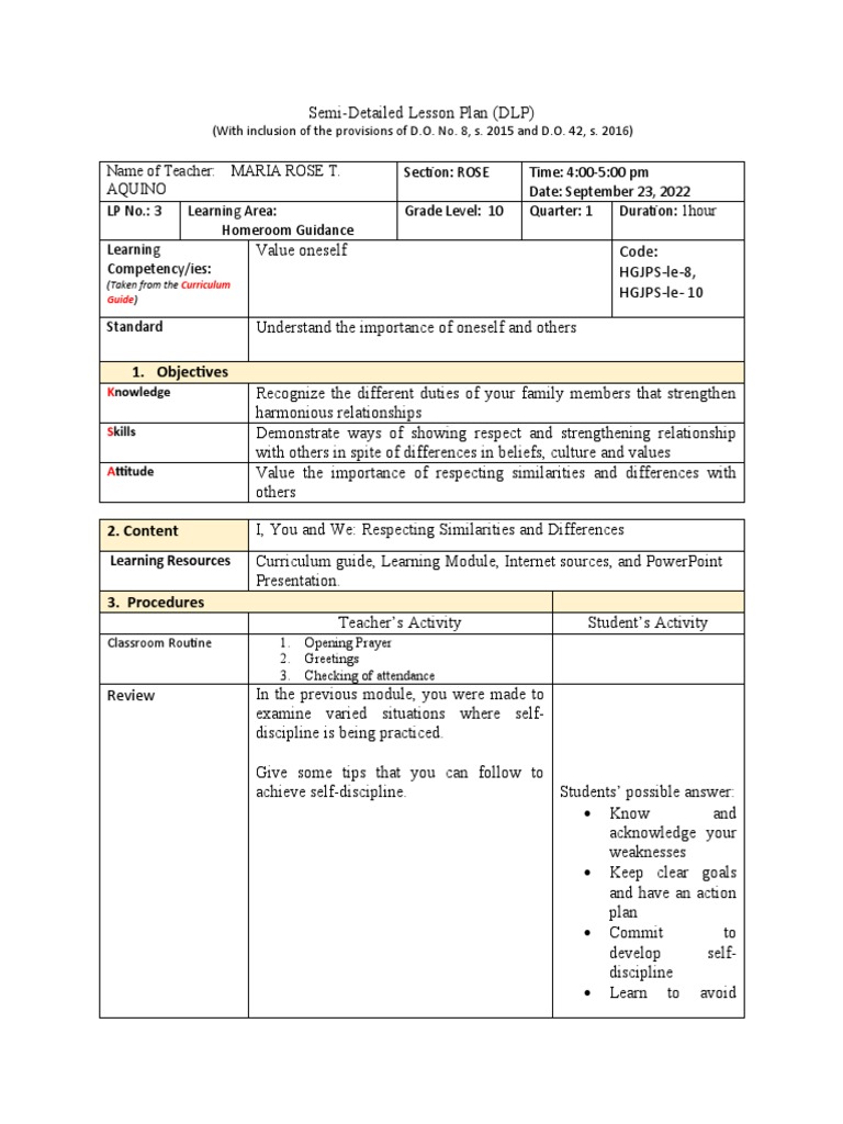 Lesson-Plan-In-Homeroom-Guidance w3 | PDF | Disciplines | Teachers