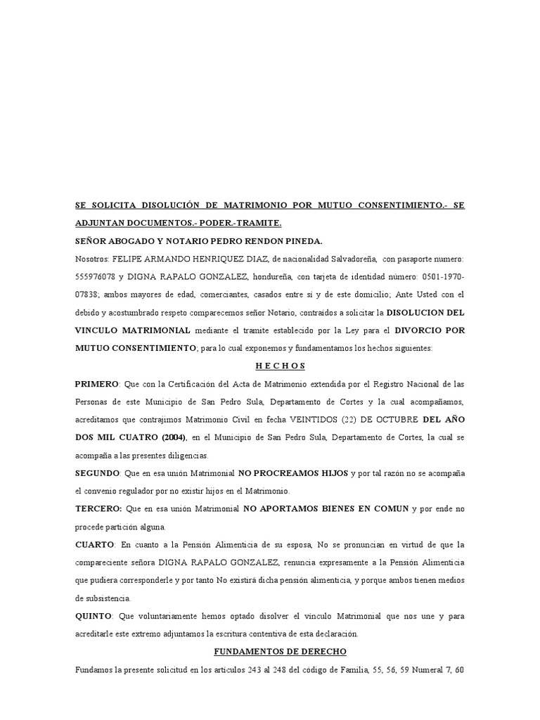 Divorcio Por Mutuo Sin Hijos. Felipe y Digna. Omar Mathis-2019 | PDF ...