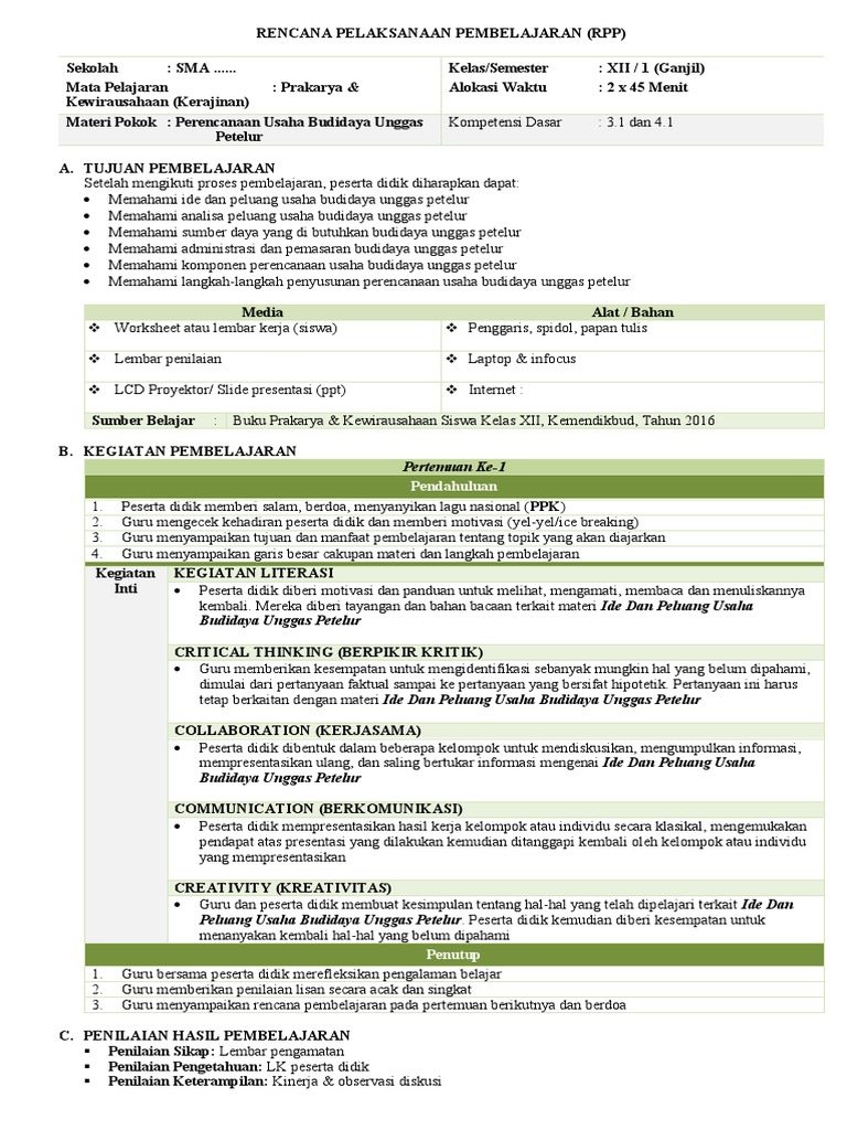 RPP I PKWU (Budidaya) XII SEM 1 | PDF