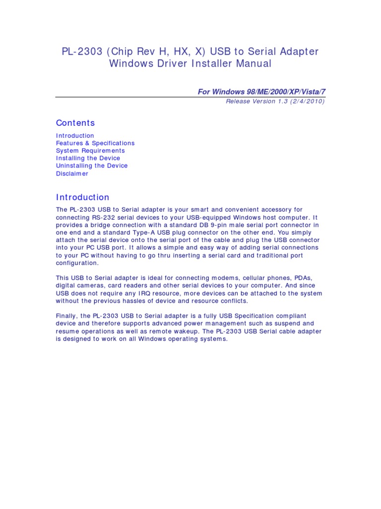 IO Cable PL 2303 Doc User Manual Um Pl2303 Driver Installer v1.3 | PDF | Usb | Installation ...