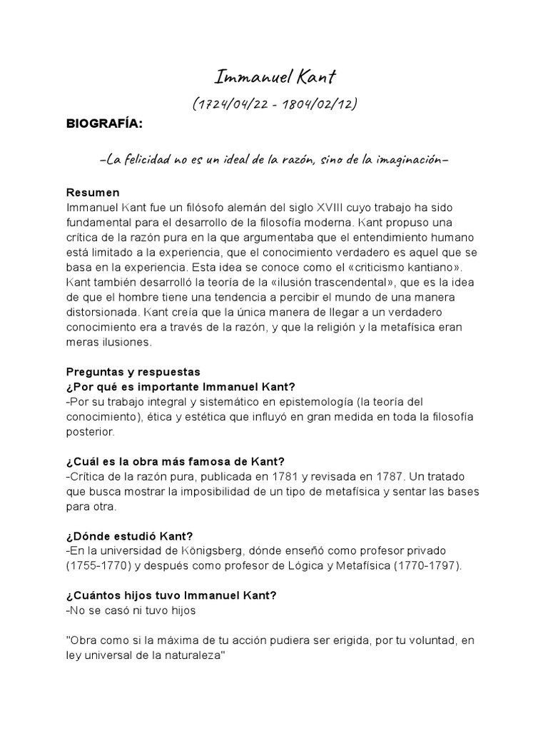 Biografía de Immanuel Kant: Filósofo del Criticismo | PDF | Immanuel ...