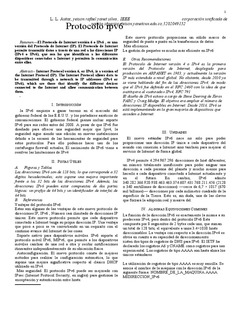 Trabajo Ipv6 | PDF | Yo Pv6 | Protocolos de internet