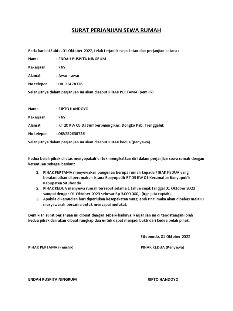 Surat Perjanjian Sewa Rumah | PDF