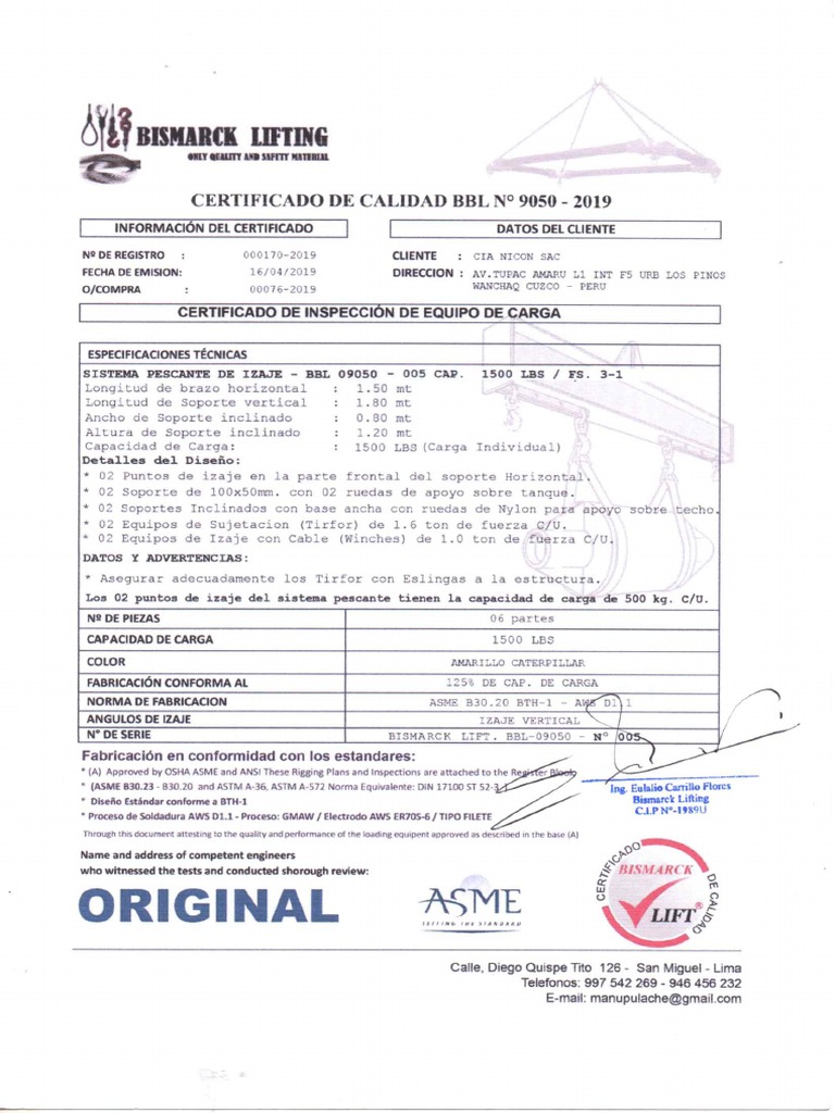 Ceertificado de Calidad - Sistema Pescante de Izaje | PDF Ceertificado de Calidad - Sistema Pescante de Izaje | PDF