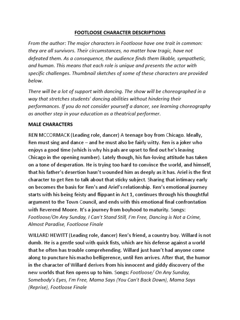 Footloose Character Descriptions | PDF | Musical Theatre | Musicals