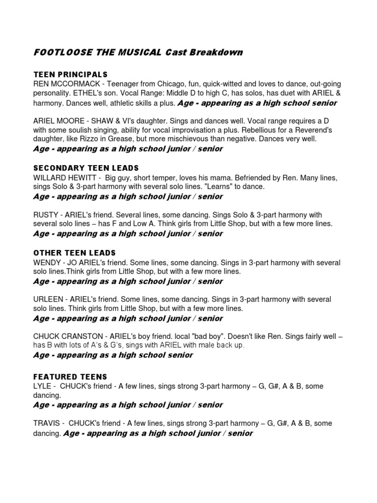 Footloose Musical Cast Breakdown | PDF | Performing Arts