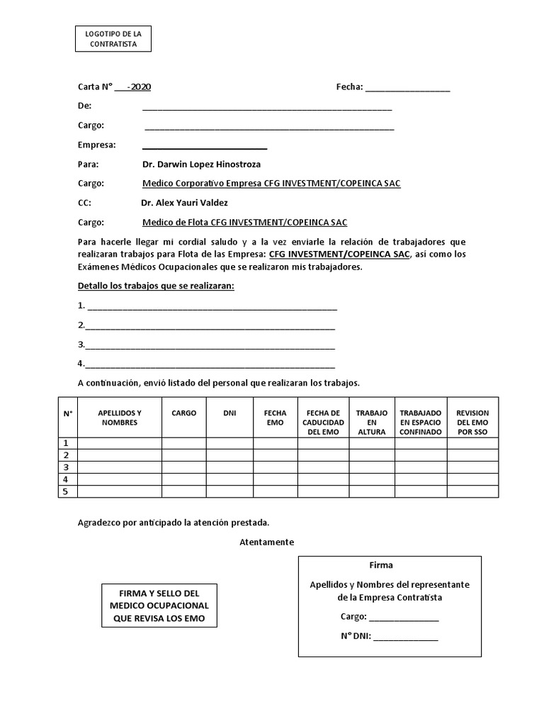 Carta para Envio Emo Contratistas - Copeinca 2 | PDF