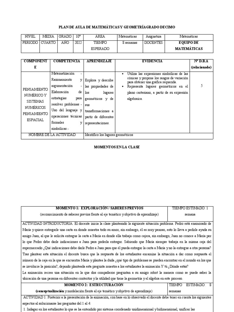 Plan de Aula de Matemáticas Grado Decimo | PDF | Geometría | Probabilidad