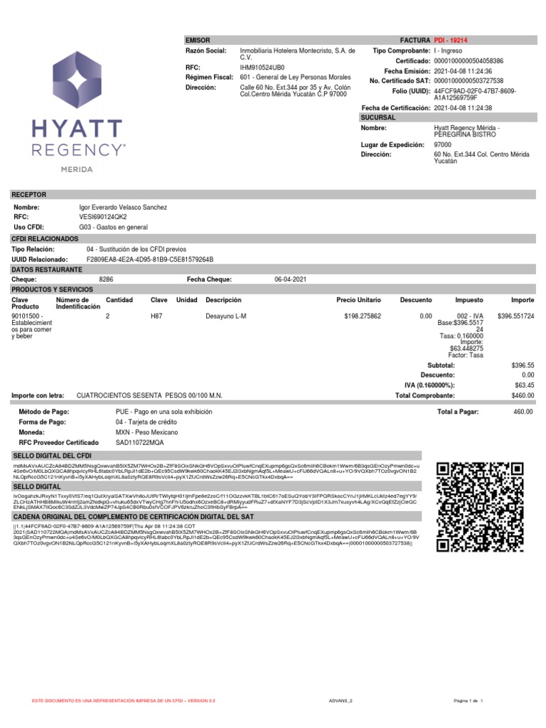 Factura Hyatt Regency Mérida | PDF | Servicios (economía) | Comercio