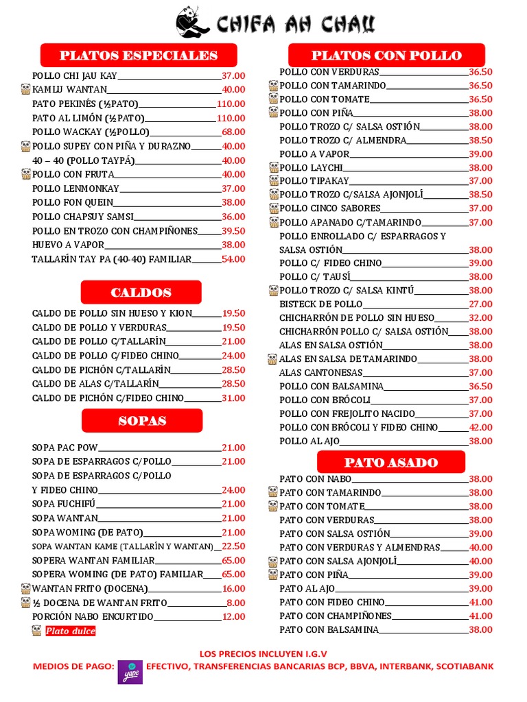 Carta Chifa Ah Chau May 2022 | PDF | Sopa de pollo | Sopa