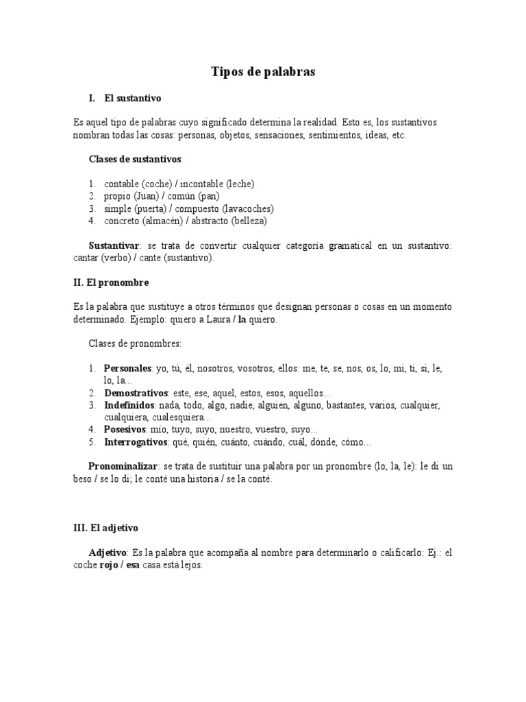 Tipos de Palabras | PDF | Verbo | Adjetivo