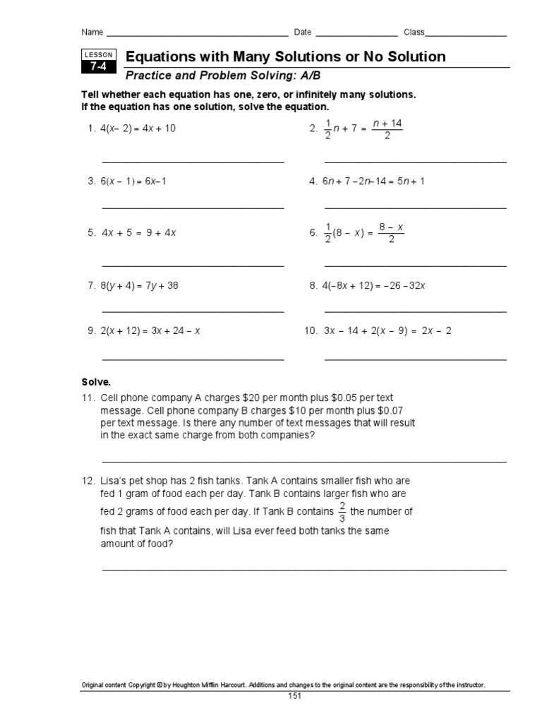Equations With Many Solutions or No Solution: Practice and Problem Solving: A/B | PDF ...