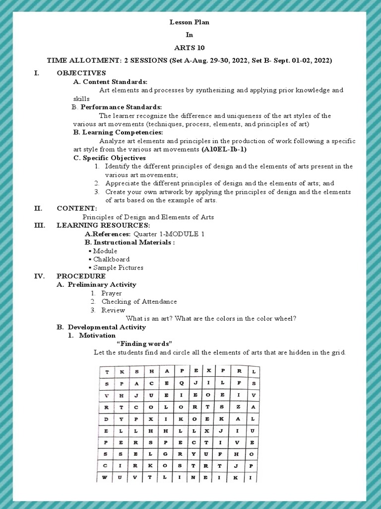 Lesson Plan in Element of Arts Module 1 q1 | Download Free PDF | Lesson Plan | Psychological ...