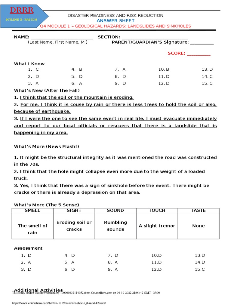Answer Sheet Q4 Mod 12 | PDF | Landslide | Emergency Management