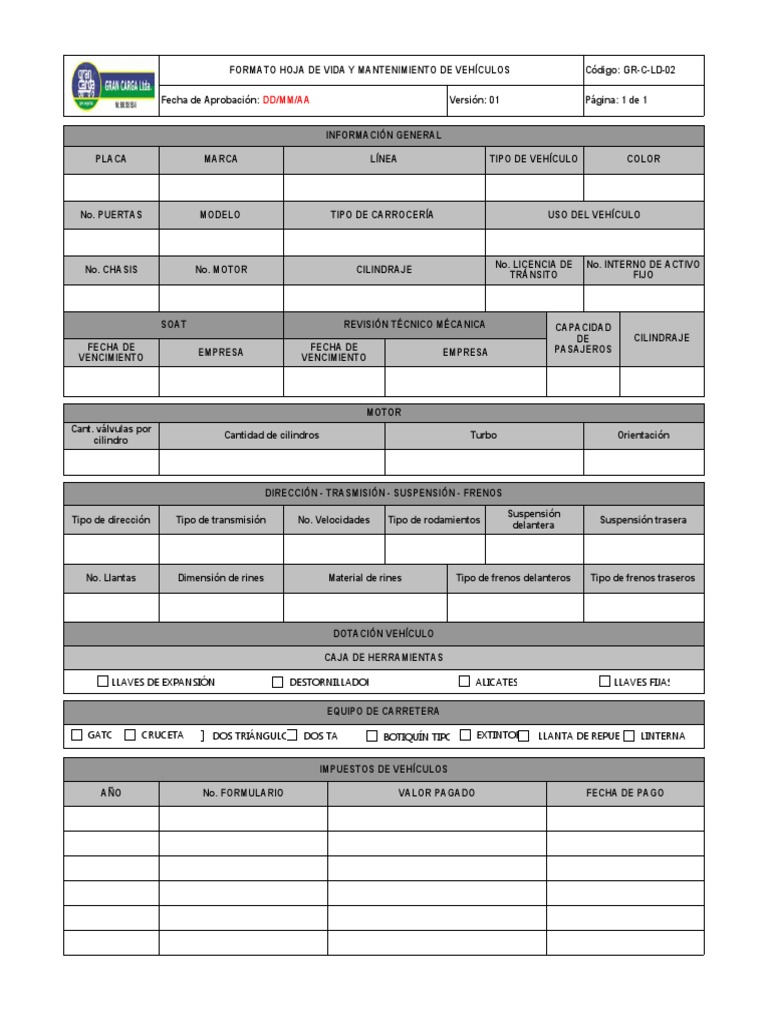 Formato Hoja de Vida y Mantenimiento de Vehículos Gran Carga Ltda | PDF | Transporte privado ...
