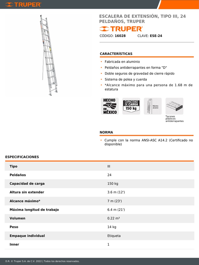 Escalera de Extensión, Tipo Iii, 24 Peldaños, Truper: Características | PDF