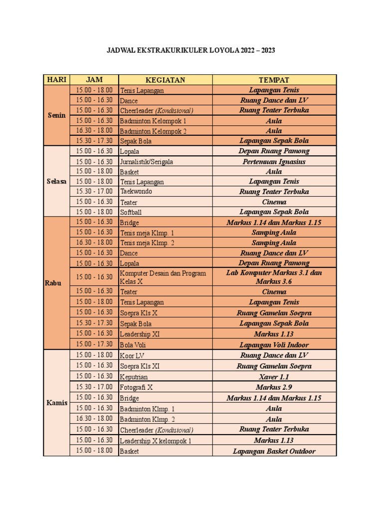 Jadwal Ekstrakurikuler Kolese Loyola 2022 - 2023 | PDF