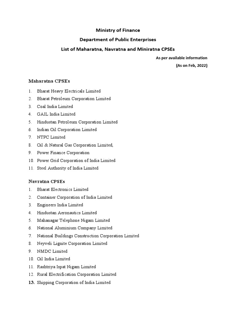 List_of_Maharatna_Navratna_&_Miniratna_CPSEs_Feb_2022 | PDF | Companies ...