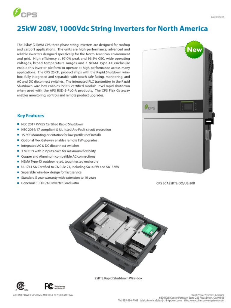 Technical Data Sheet for 25kW 208V 1000Vdc String Inverters | PDF ...