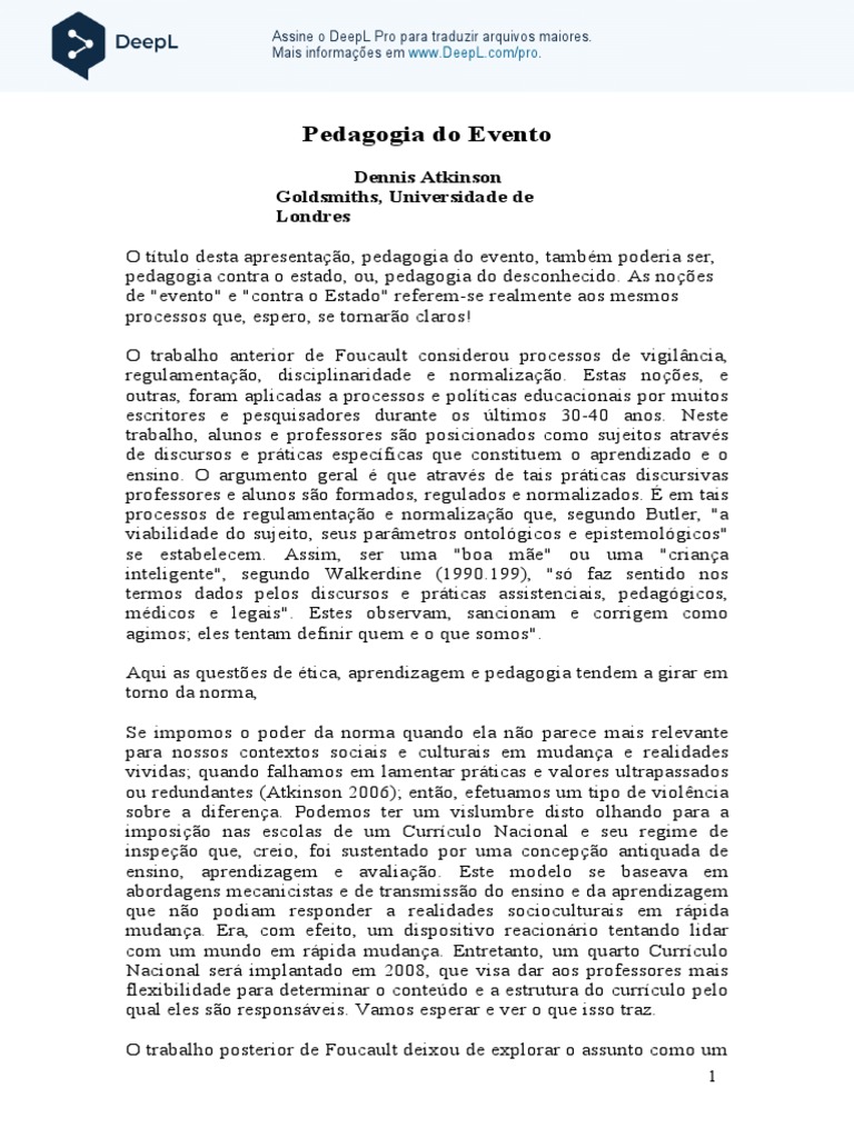 Pedagogia Do Evento - Dennis Atkinson - Traduzido | PDF | Aprendizado | Pedagogia