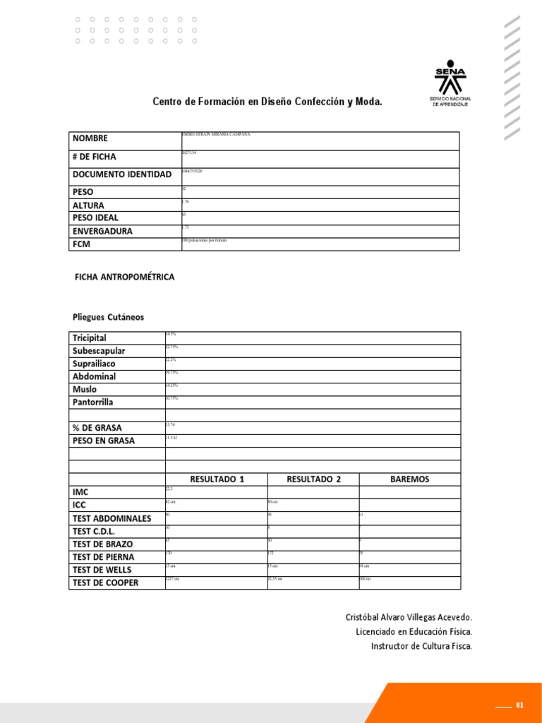 Ficha Antropométrica de Valoración de La Condición Física GA1-230101507-AA3-EV01. | PDF