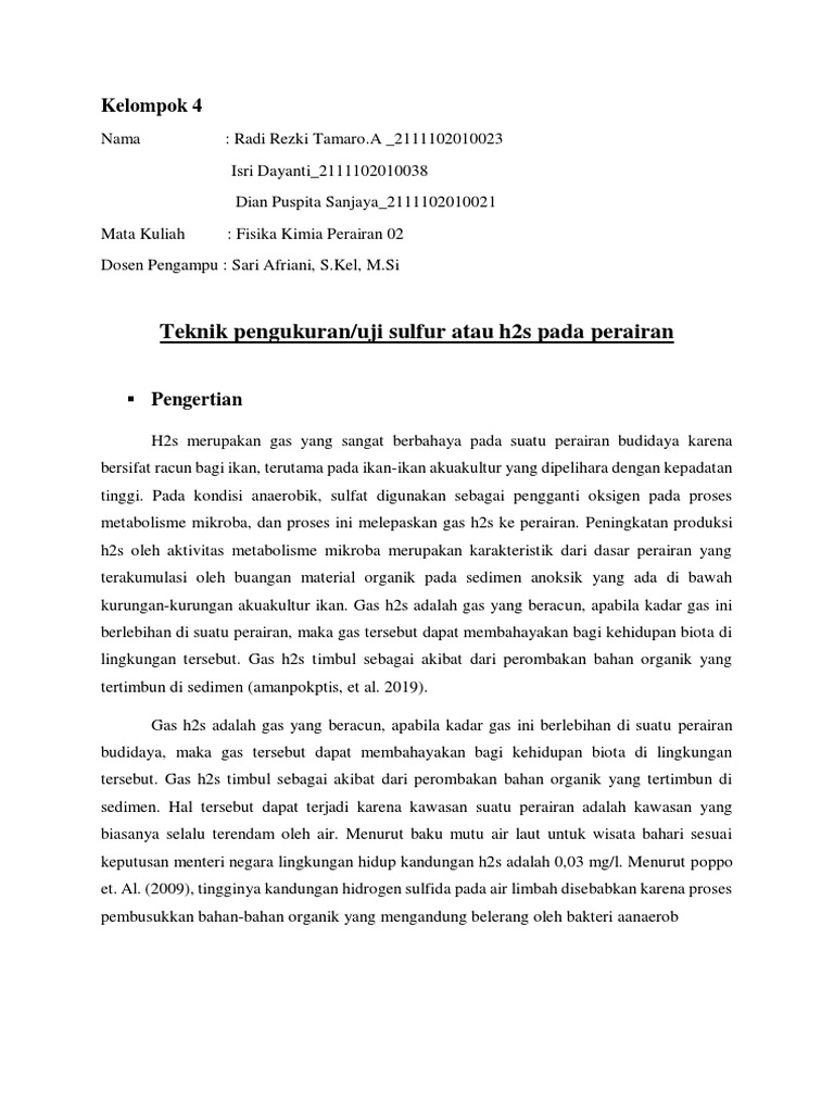 TEKNIK PENGUKURAN DAN UJI KANDUNGAN HIDROGEN SULFIDA (H2S) PADA PERAIRAN BUDIDAYA | PDF