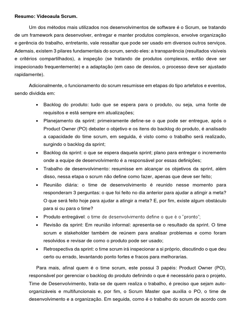 Resumo da Metodologia Scrum | PDF | Framework de software | Informática