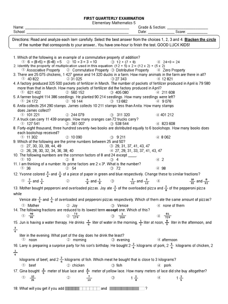 PT - Math 5 - Q1 | PDF | Subtraction | Mathematics