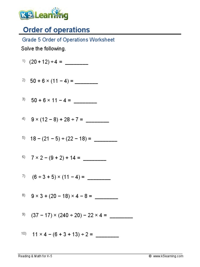 Grade 5 Order Operations A | PDF