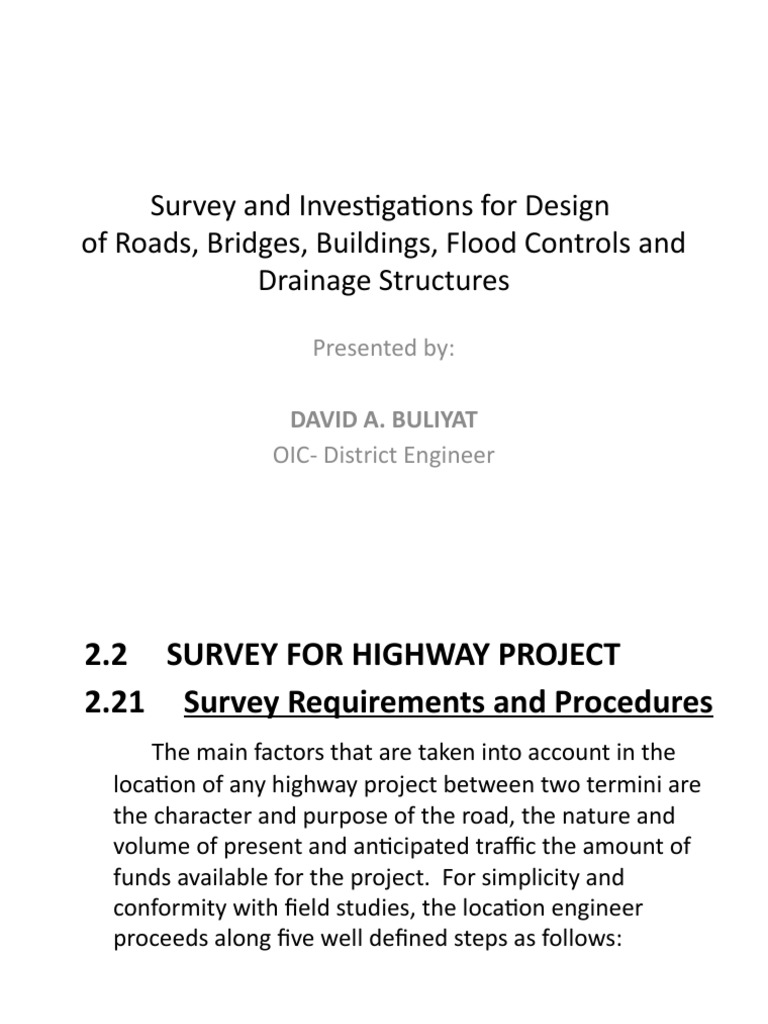 Survey and Investigations For Design of Roads, Bridges, Buildings ...