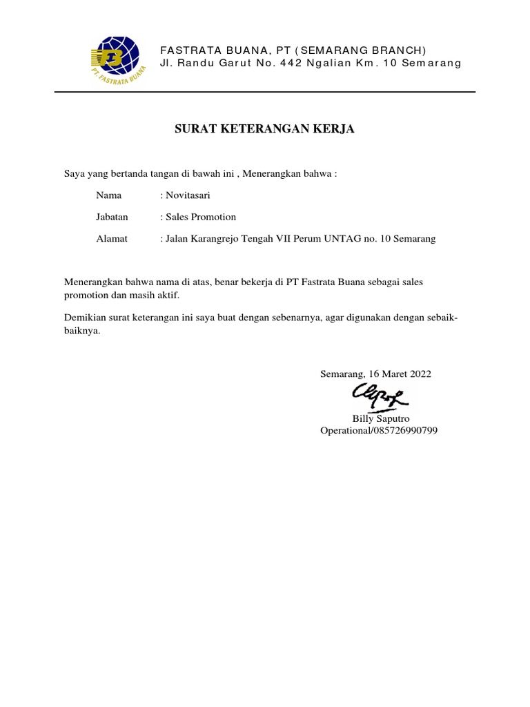 Surat Keterangan Kerja: Fastrata Buana, PT (Semarang Branch) Jl. Randu Garut No. 442 Ngalian Km ...