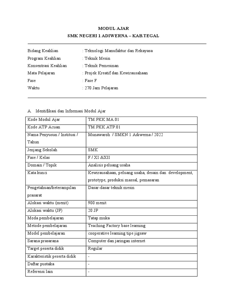 Modul Ajar Projek Kreatif Dan Kewirausahaan | PDF | Karier ...