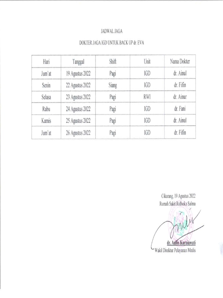 JADWAL JAGA (DOKTER JAGA IGD BACK UP DR Eva) 19-26 AGT 22 | PDF